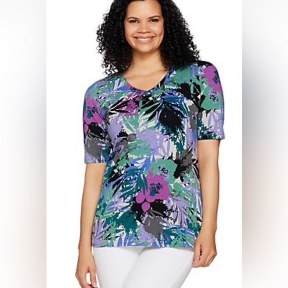 Denim&Co | Tops | Active Tropical Print Elbow Sleeve Vneck Top Xl Denim ...